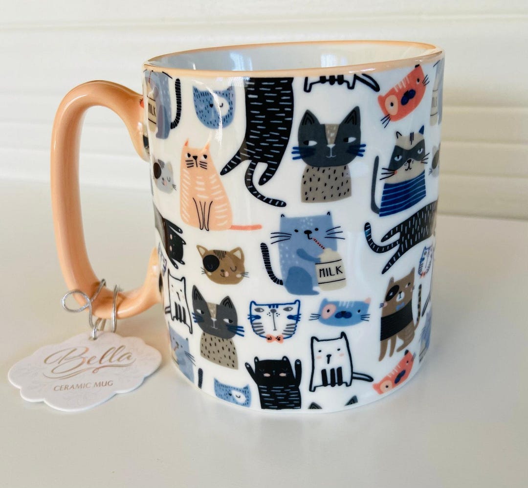 NEW Frisky Black Tabby Cat Cats Blue & Pink 16 Oz Coffee Tea Kitten Mug ...