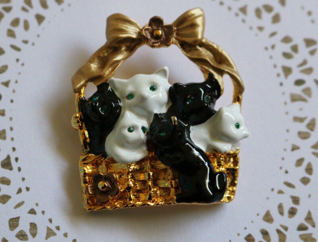 New Enamel & Crystal Black Cat White Cat and Gold Cat Kittens in Basket ...
