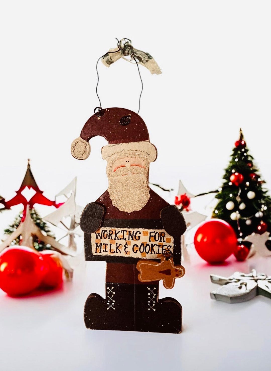 VINTAGE Wood Santa Claus Working for Milk & Cookies Christmas Tree Xmas ...