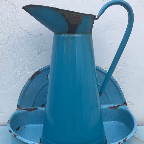 Vintage French Enamel Pitcher Jug Water Enameled Blue and Gold | Etsy
