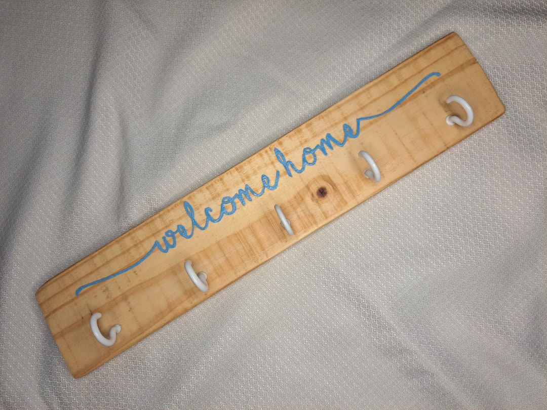 Welcome Home | Blue | Wood Sign | Key Holder | 5 Hooks | Handmade ...