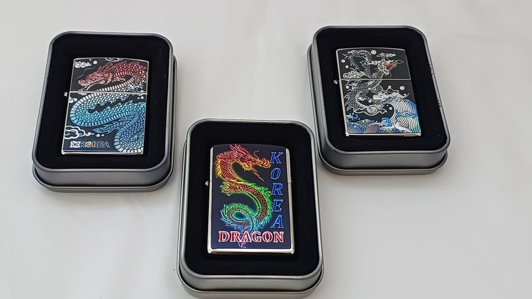 Set of 3 Korean Metal Engraving Dragon Design Metal Lighters – Unique ...