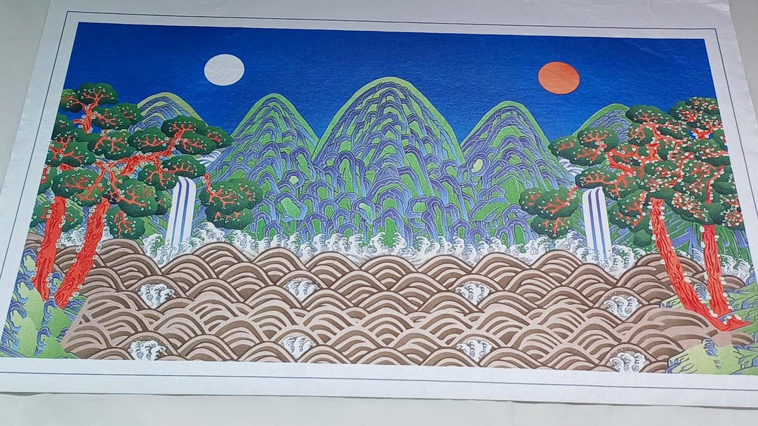 Serene Mountain Landscape Korean Folk Art Painting on Silk - 9x15 ...