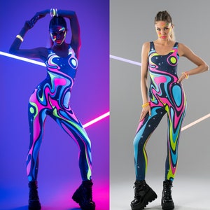 LIQUID UV Reactive Jumpsuit, Pink Yellow Neon Outfit, Rave Onsie ...