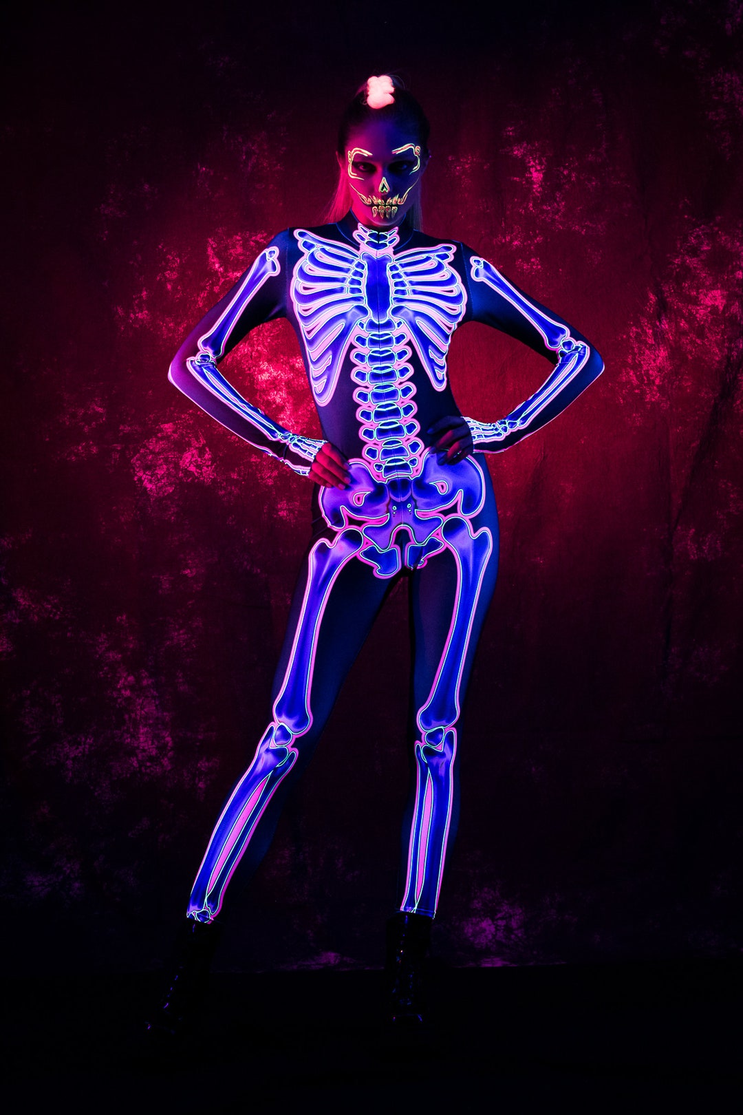 UV REACTIVE Skeleton Halloween Costume, Neon Pink Skeleton Costume for ...