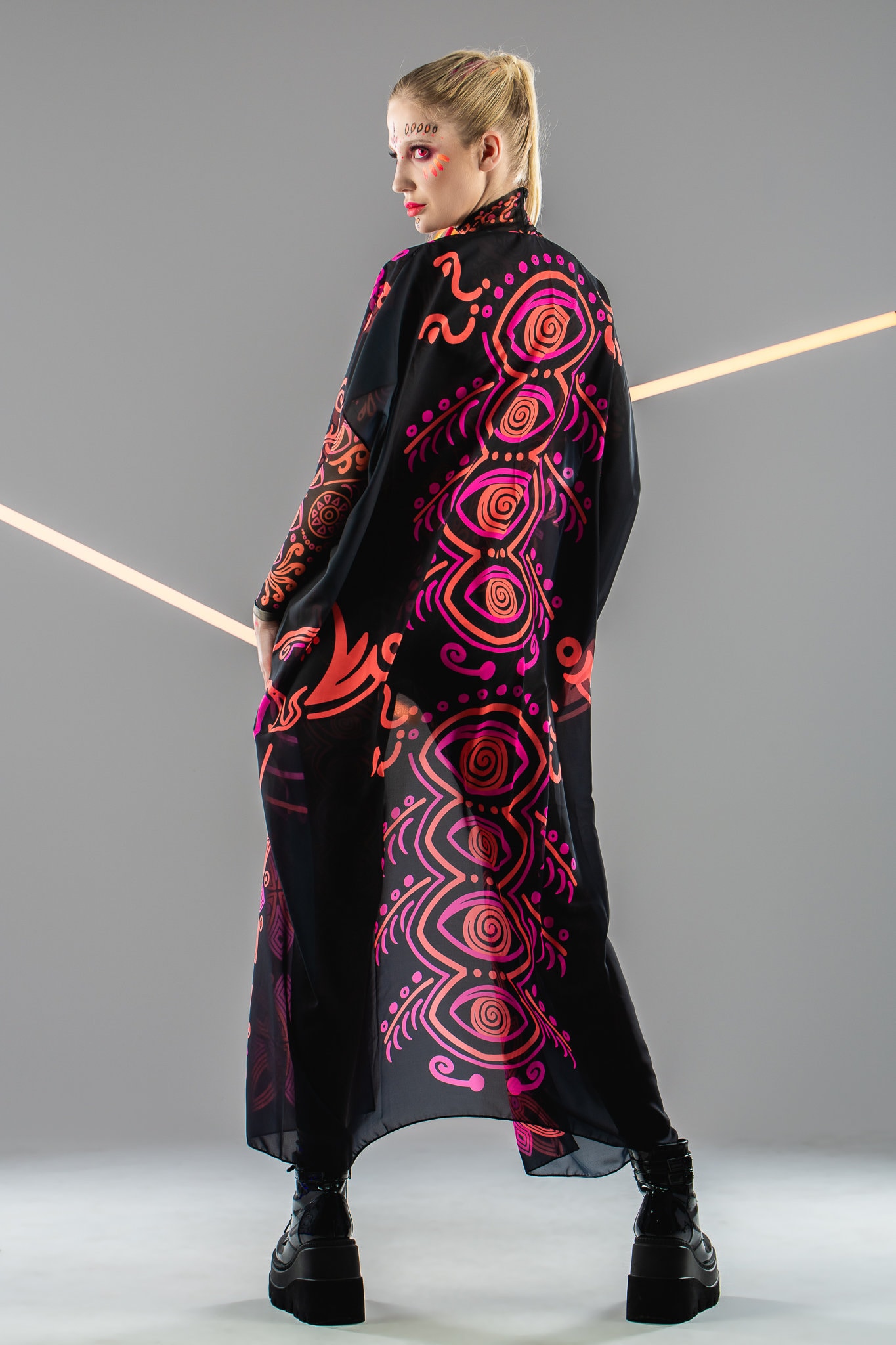 2 COLOR FLUORESCENT Black Catsuit & Kimono Set, Festival Full Outfit ...