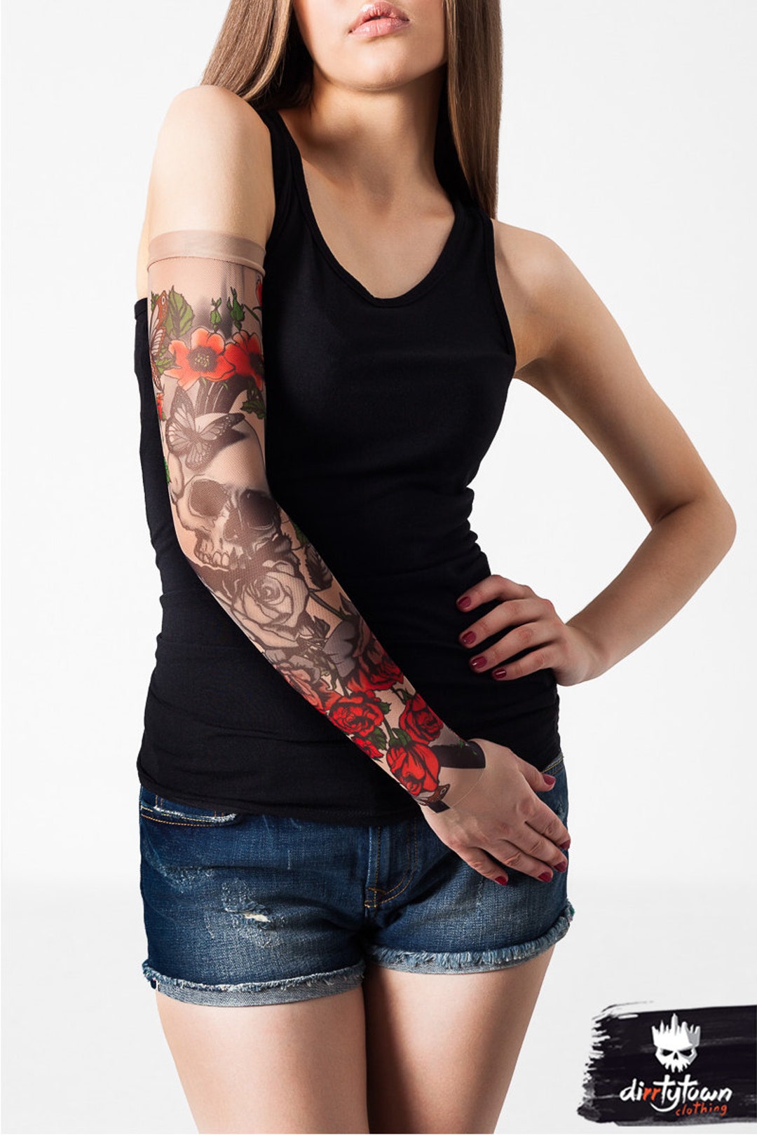 Unisex SKULL & ROSES Mesh Tattoo Sleeve, Temporary Tattoo, Large Tattoo ...
