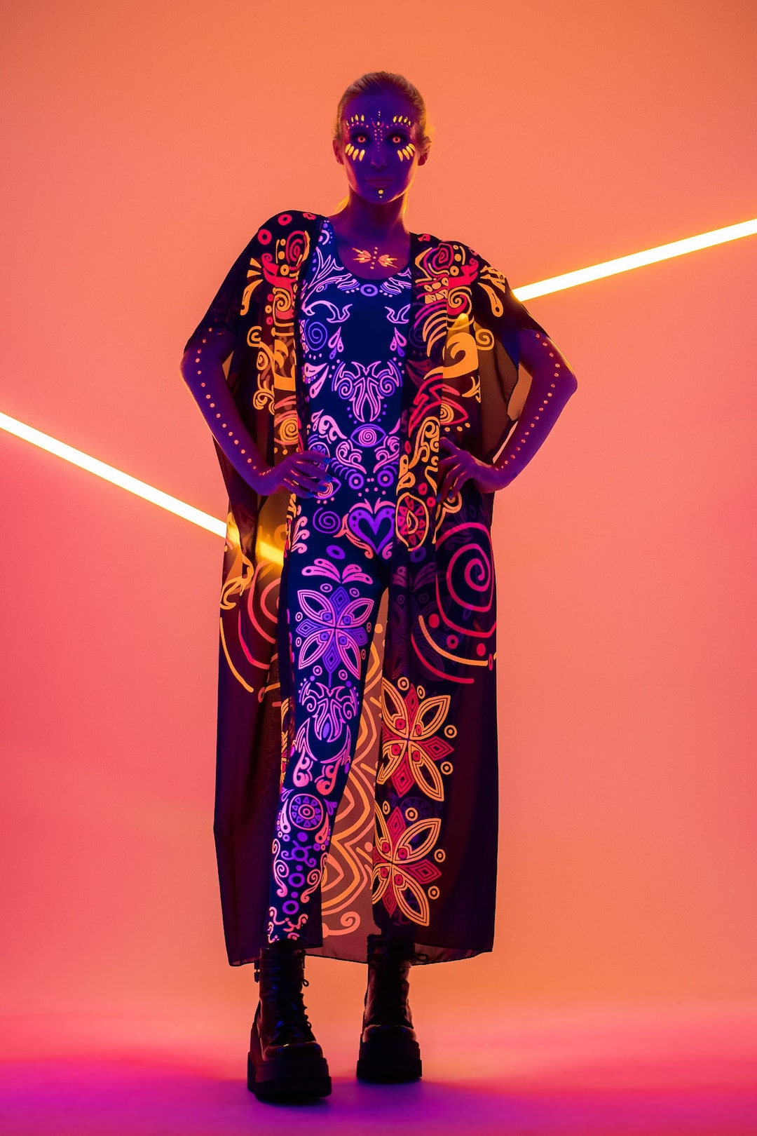 2 COLOR FLUORESCENT Catsuit, Pink & Orange Tribal Bodysuit, Rave Onsie ...