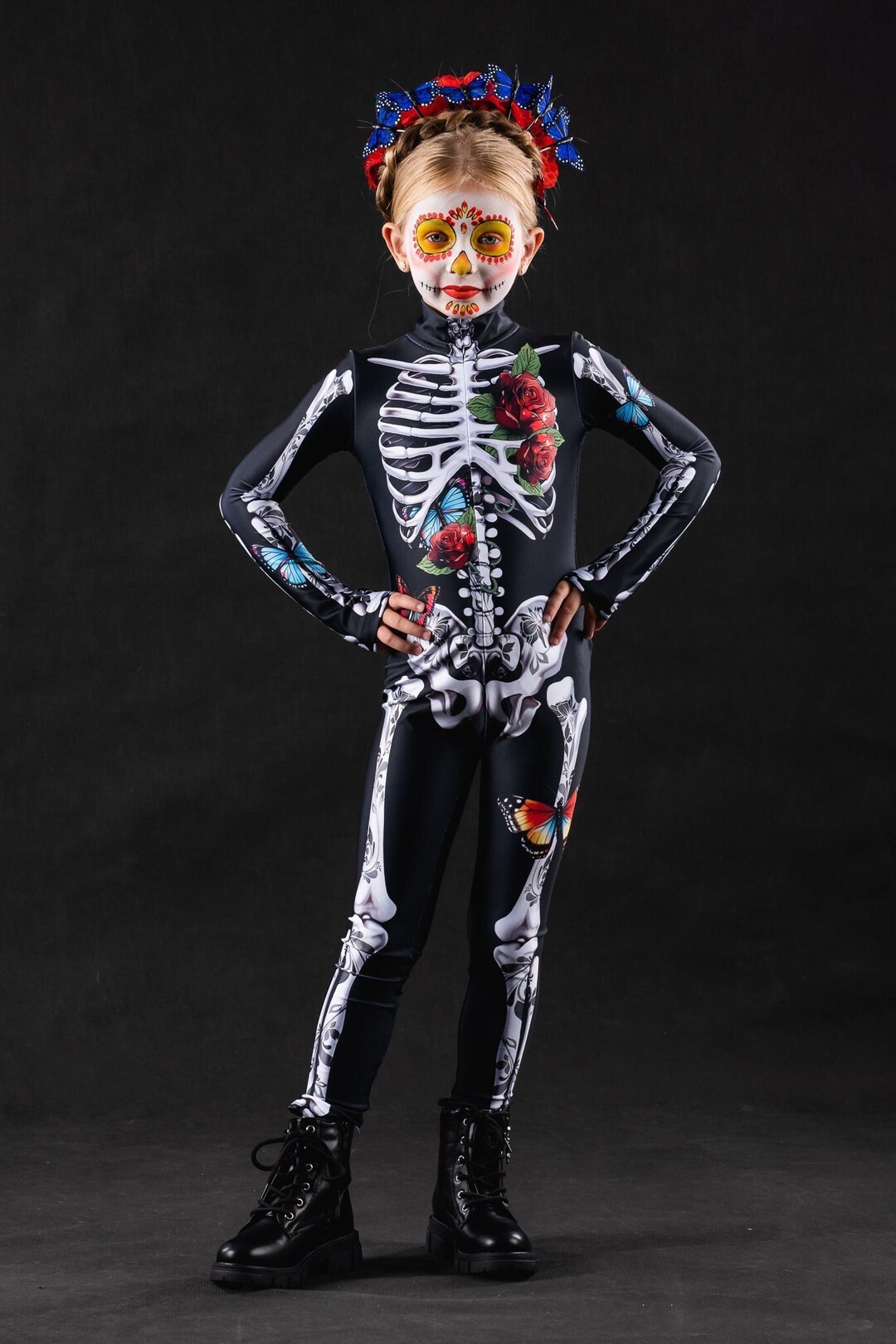ROSES & BUTTERFLIES Skeleton Halloween Costume, Kids Skeleton Costume ...