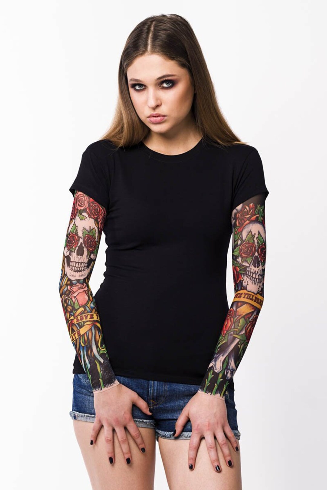 Womens Tshirt With LOVE TILL DEATH Temporary Tattoo Sleeves, Womens ...