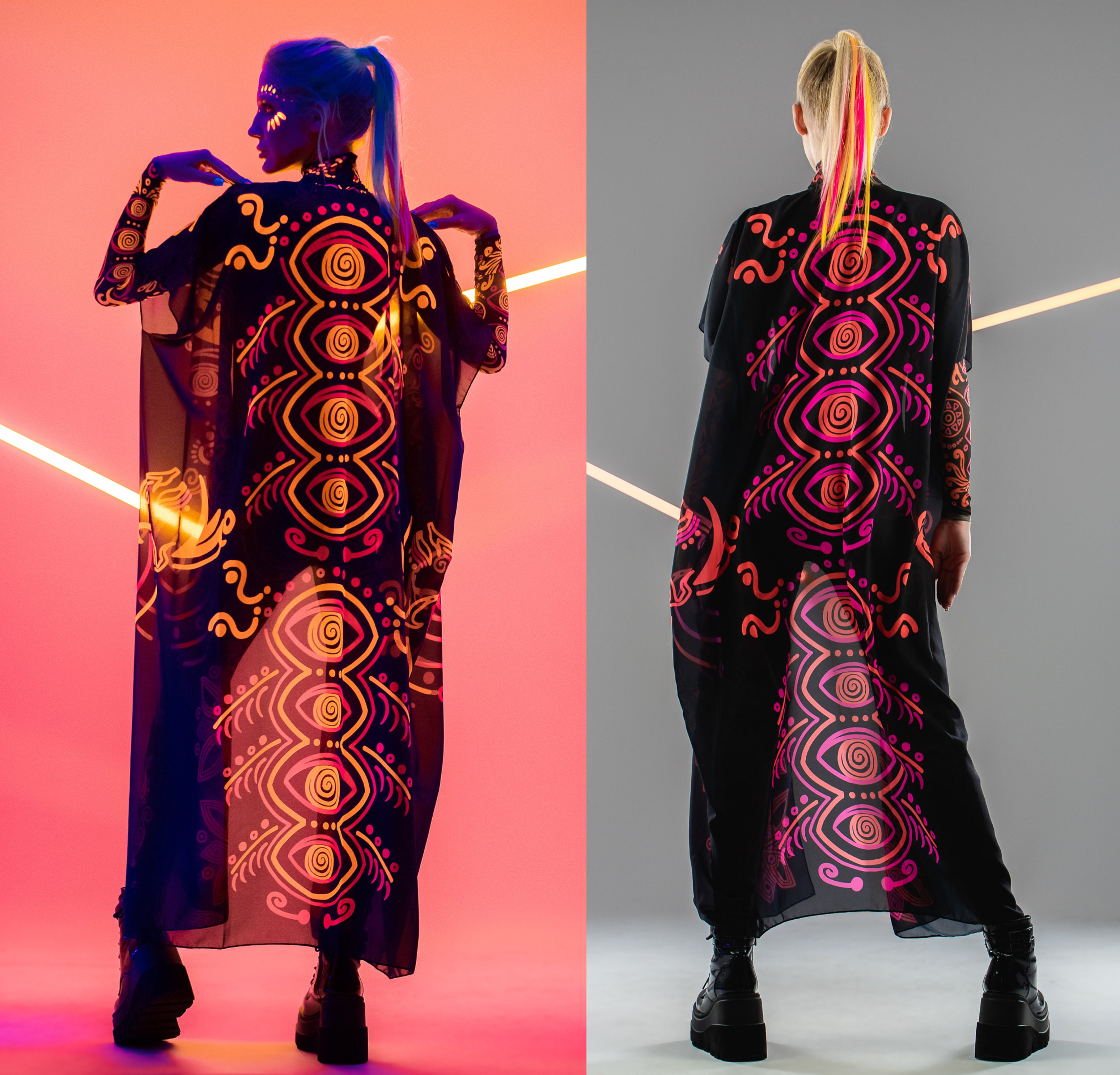 2 COLOR FLUORESCENT Black Catsuit & Kimono Set Festival Full - Etsy