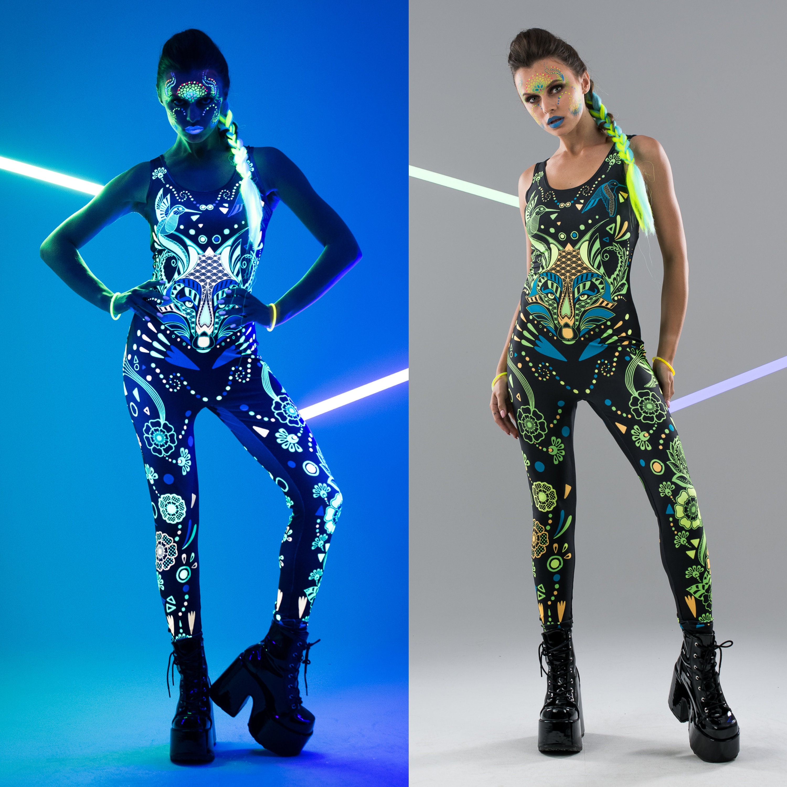 WOLF & HUMMONGBIRDS UV Reactive Jumpsuit, Neon Outfit, Rave Onsie ...