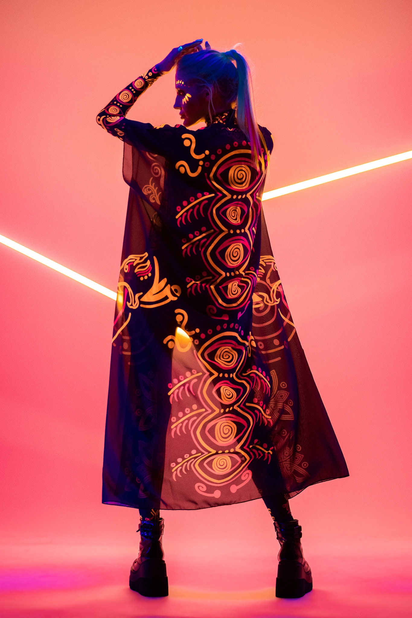 2 COLOR FLUORESCENT Black Catsuit & Kimono Set, Festival Full Outfit ...