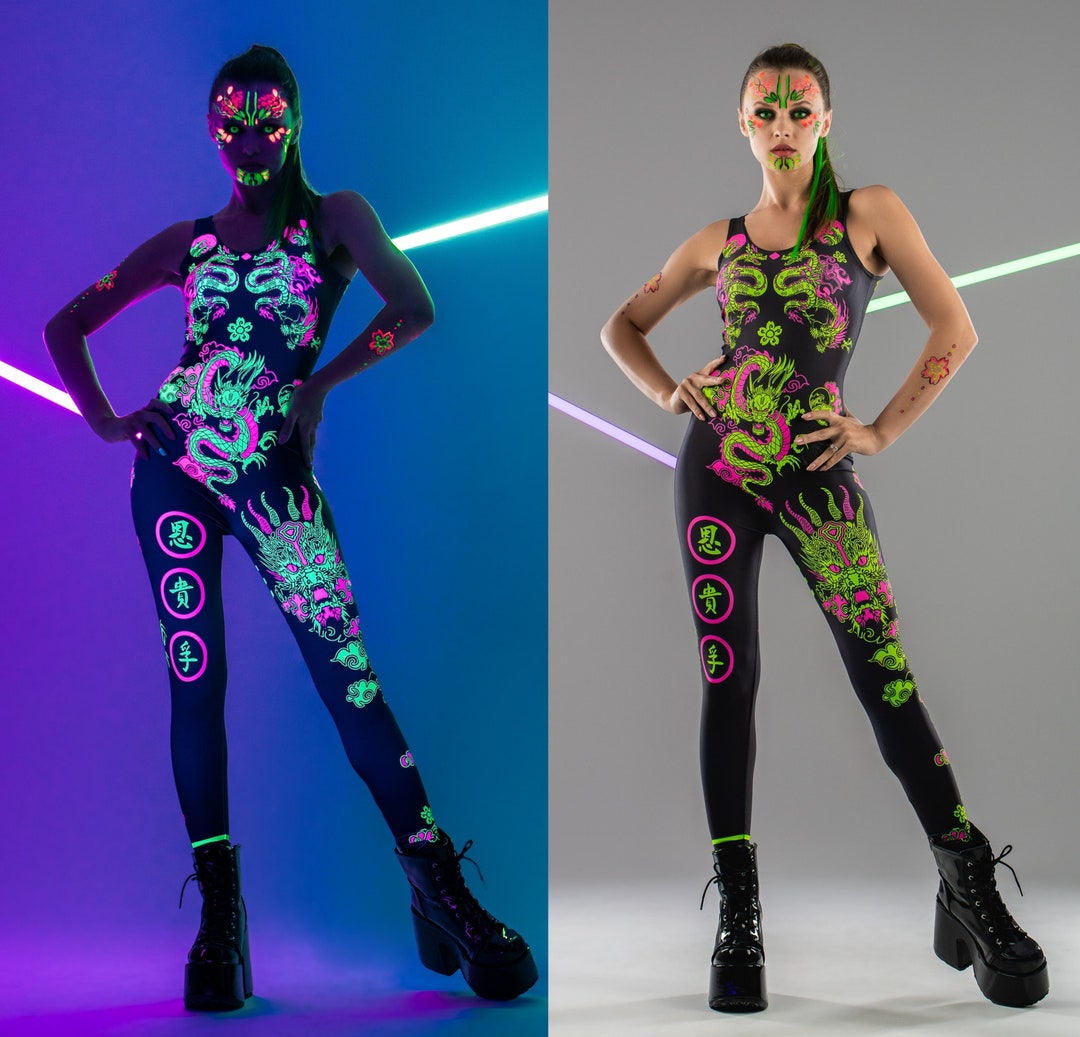 CHINESE DRAGONS FLUORESCENT Jumpsuit, Neon Bodysuit, Rave Onsie ...