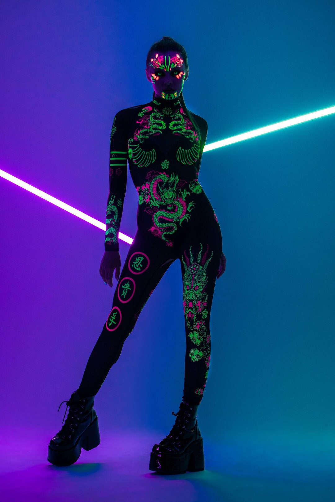 CHINESE DRAGONS FLUORESCENT Black Catsuit, Rave Mesh Onsie, Festival ...