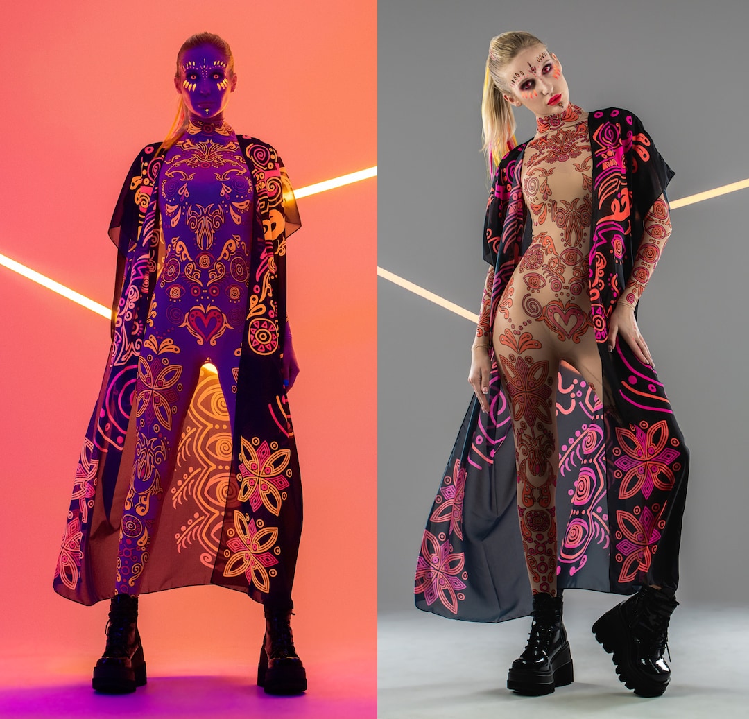 2 COLOR FLUORESCENT Catsuit & Kimono Set, Festival Full Outfit, Rave ...