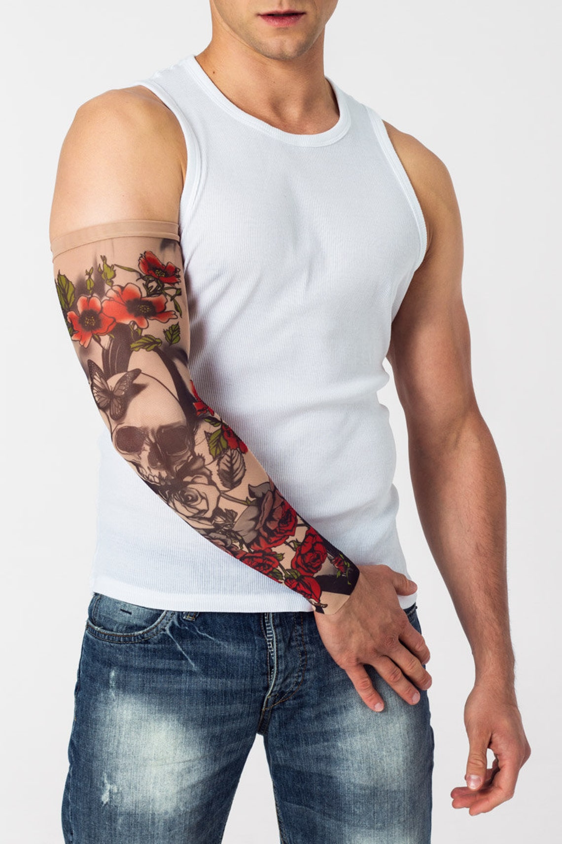 Unisex SKULL & ROSES Mesh Tattoo Sleeve, Temporary Tattoo, Large Tattoo ...
