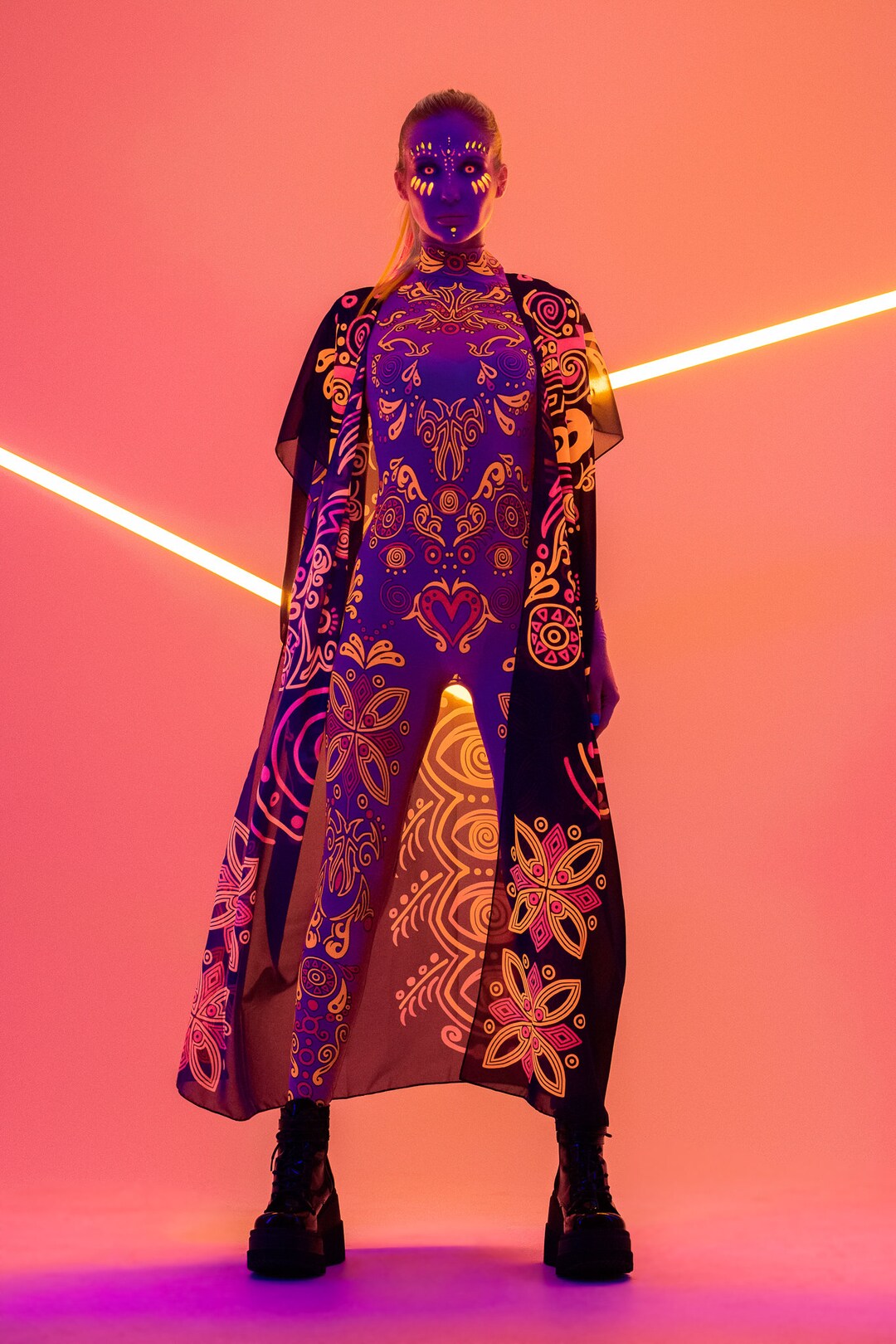 2 COLOR FLUORESCENT Catsuit & Kimono Set, Festival Full Outfit, Rave ...