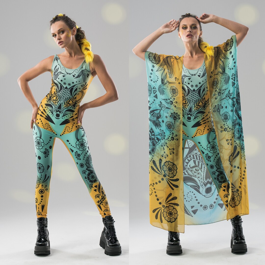 MINTY WOLF & HUMMINGBIRDS Costume, Festival Jumpsuit, Rave Onsie ...