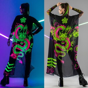 CHINESE DRAGONS FLUORESCENT Black Catsuit, Rave Mesh Onsie, Festival ...