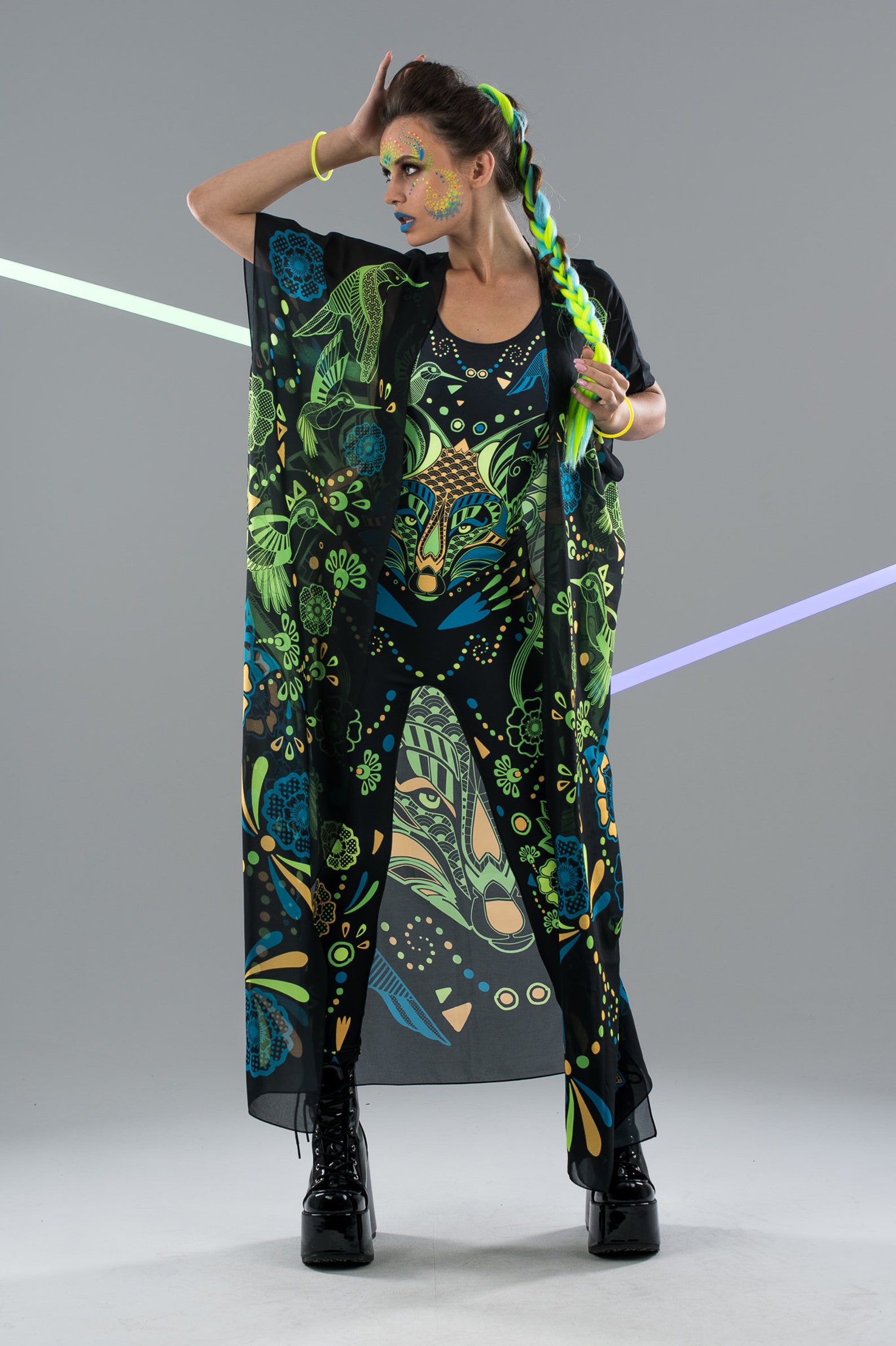 WOLF & HUMMONGBIRDS UV Reactive Jumpsuit, Neon Outfit, Rave Onsie ...