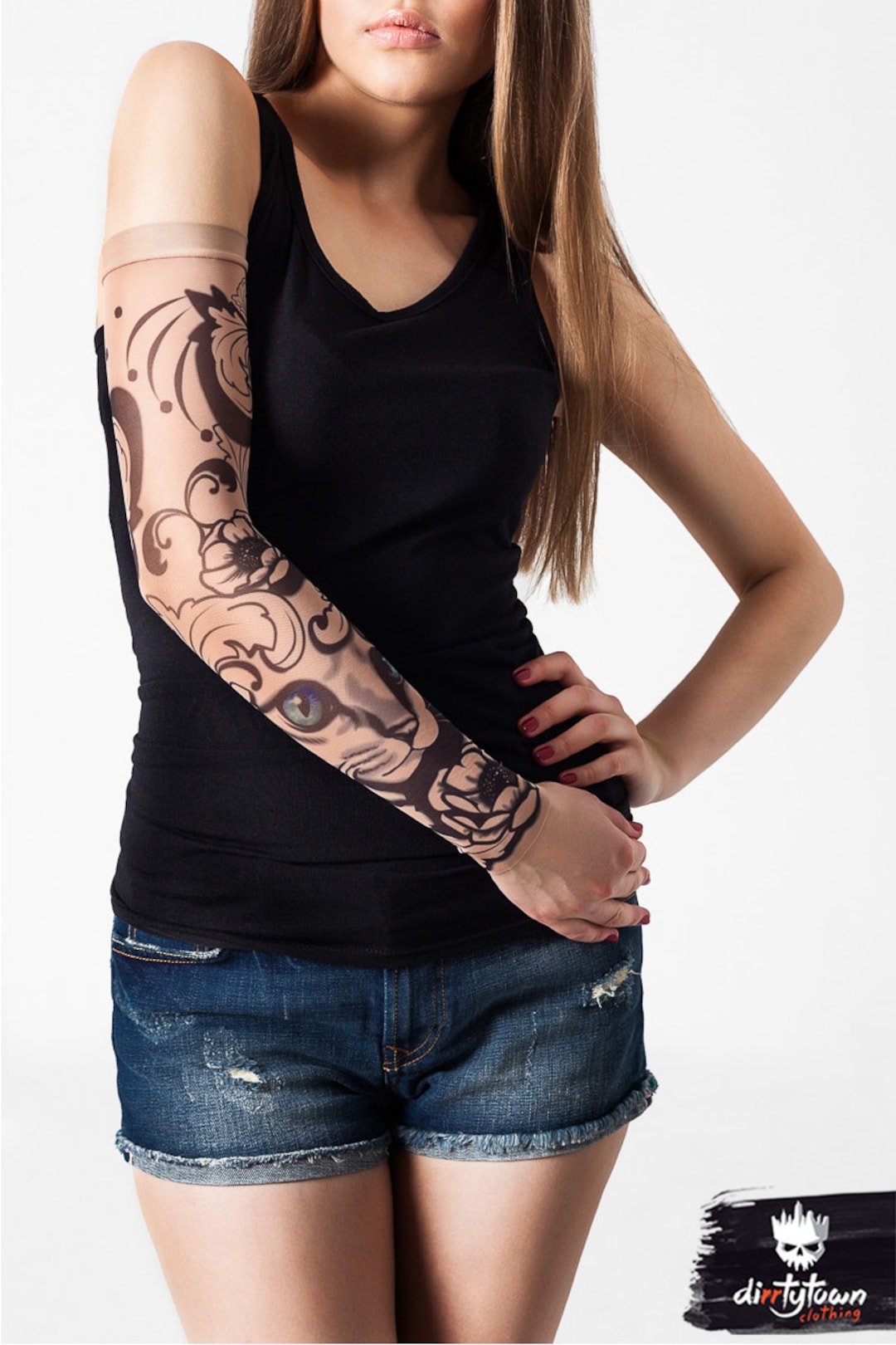 Unisex MYSTIC CAT Mesh Tattoo Sleeve, Large Temporary Tattoo, Fake ...