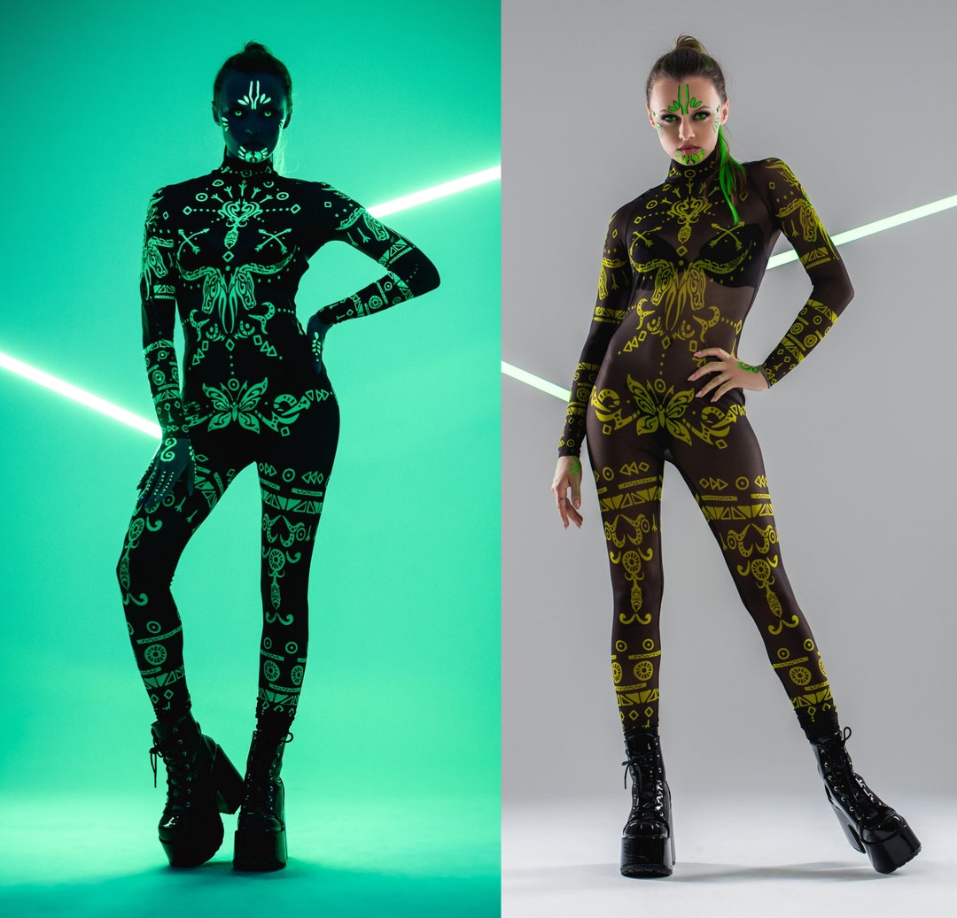 GREEN TRIBAL FLUORESCENT Black Catsuit, Full Body Mesh Catsuit ...