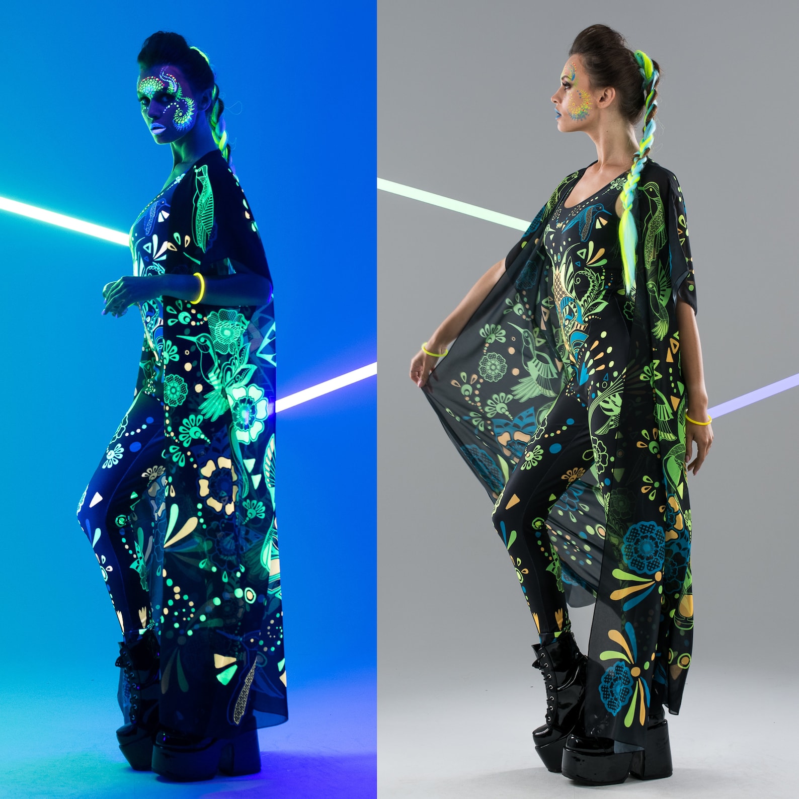 WOLF & HUMMONGBIRDS UV Reactive Jumpsuit, Neon Outfit, Rave Onsie ...