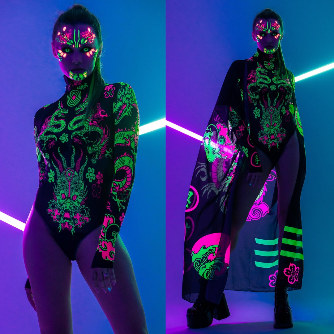 CHINESE DRAGONS UV Reactive Mesh Bodysuit, Festival Outfit, Rave ...