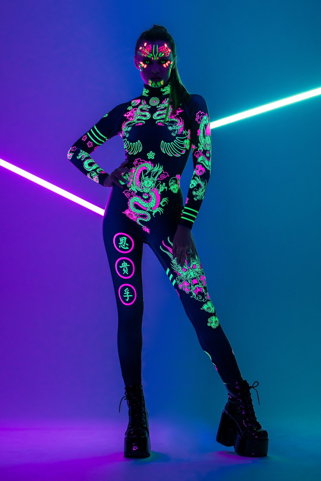 CHINESE DRAGONS Rave Costume, UV Light Reactive Costume for Women ...