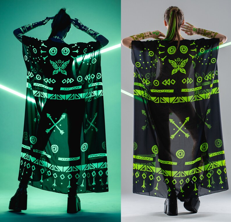 GREEN TRIBAL FLUORESCENT Beige Catsuit & Kimono Set, Festival Full ...