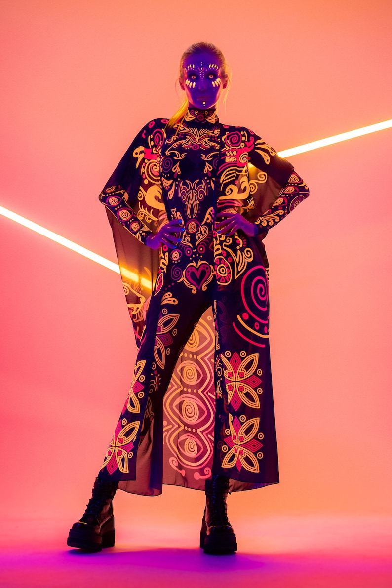 2 COLOR FLUORESCENT Black Catsuit & Kimono Set, Festival Full Outfit ...