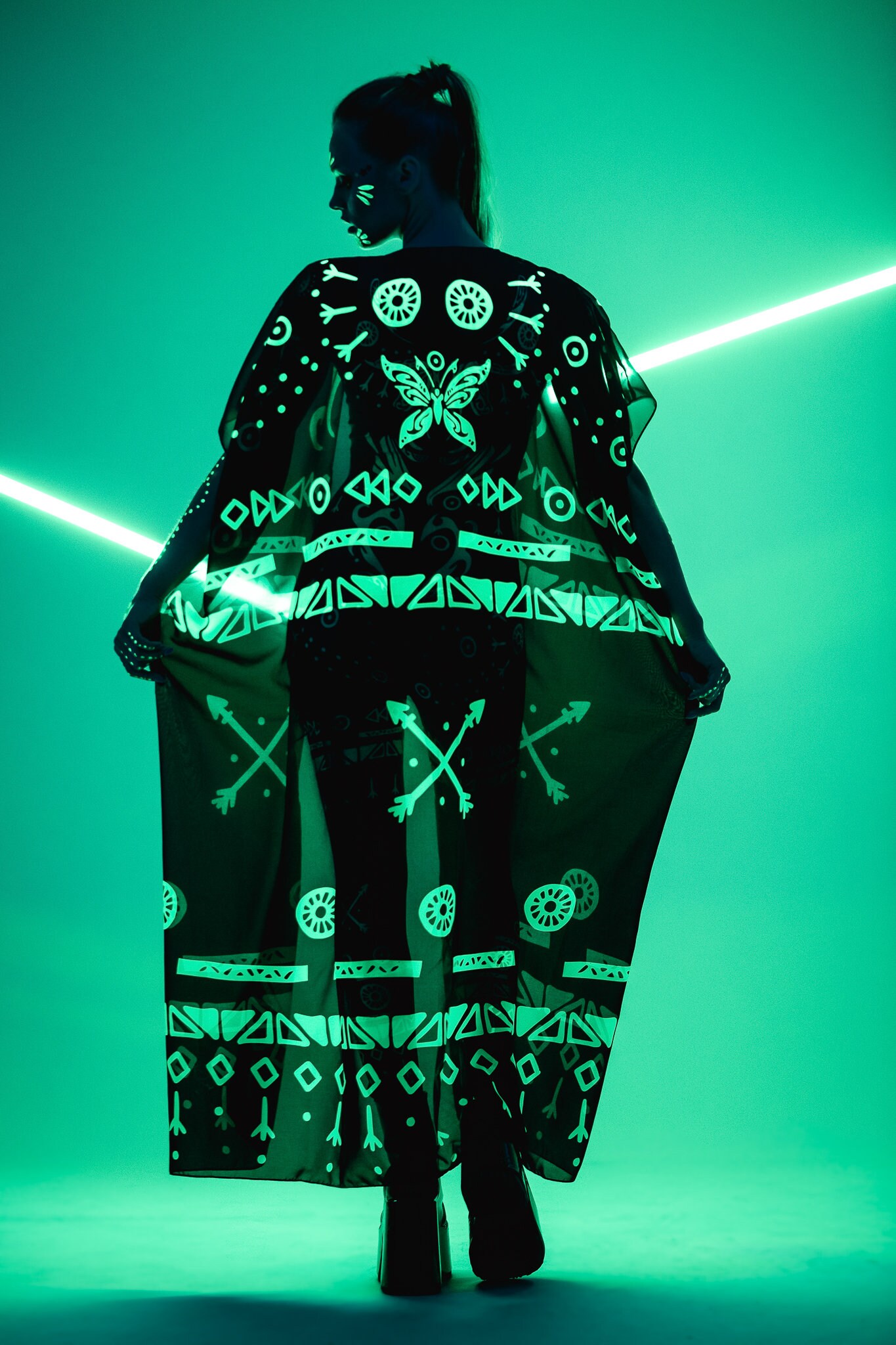 GREEN TRIBAL FLUORESCENT Beige Catsuit & Kimono Set, Festival Full ...