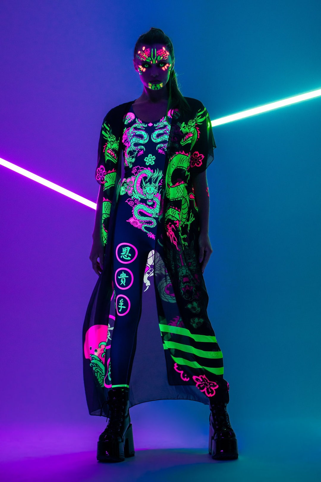 CHINESE DRAGONS UV Light Set Costume, Neon Catsuit, Rave Onsie ...