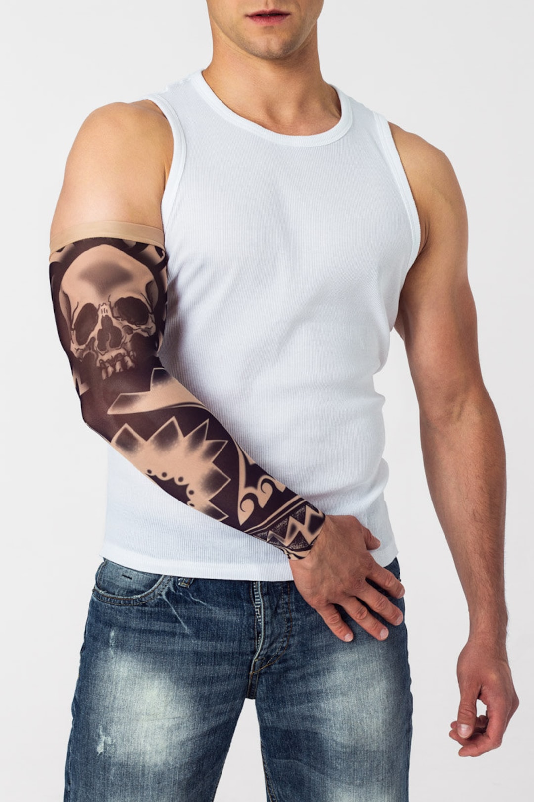 Temporary Tattoo DARK SKULL TRIBAL, Unisex Mesh Tattoo Sleeve, Large ...