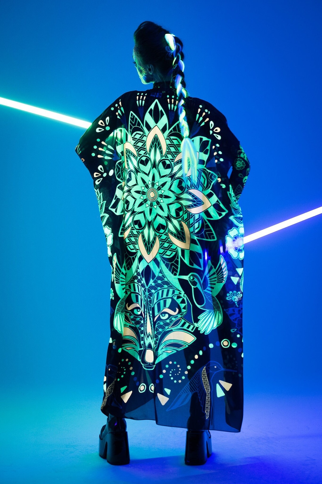 WOLF & HUMMINGBIRDS UV Reactive Kimono, Festival Kimono, Festival ...