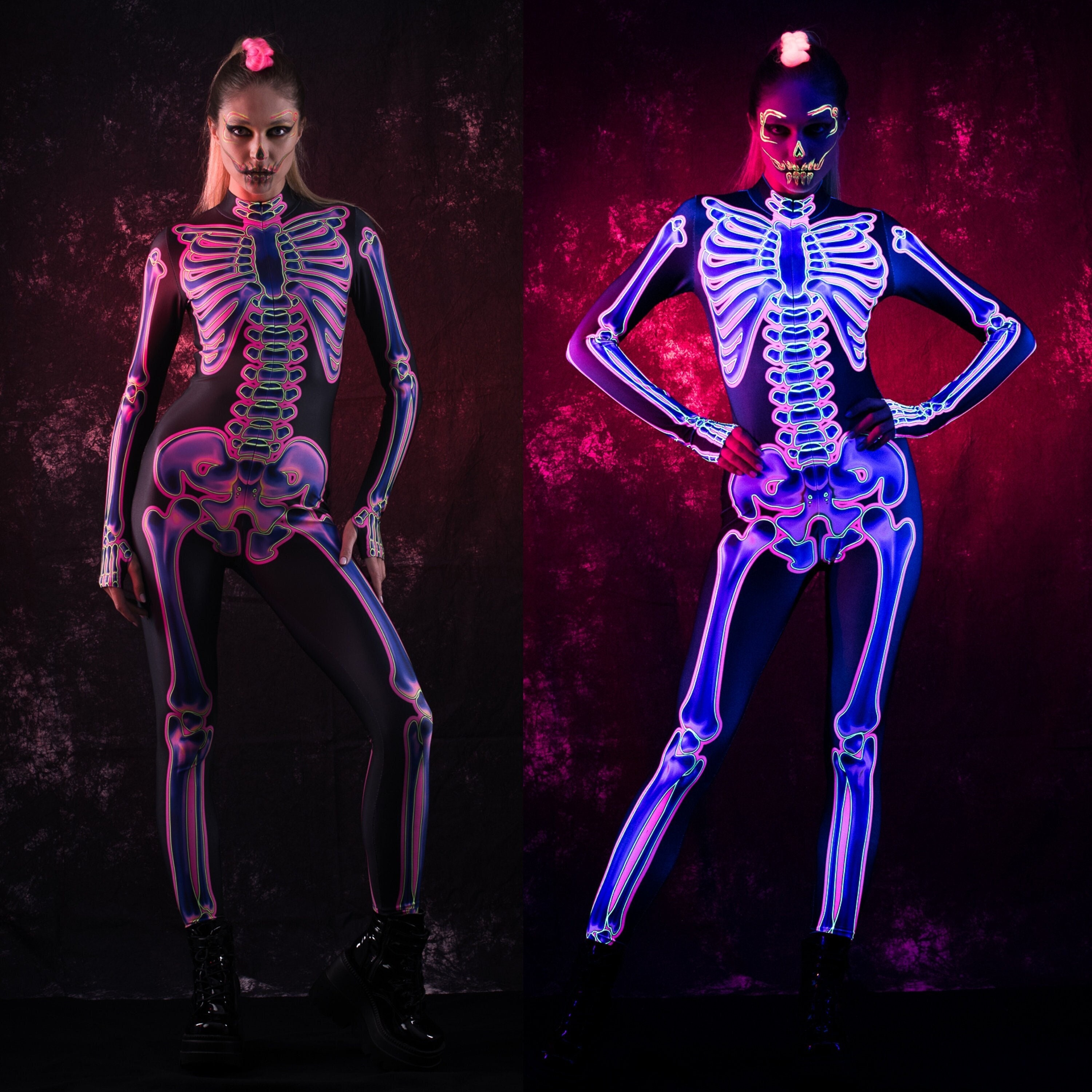 UV REACTIVE Skeleton Halloween Costume, Neon Pink Skeleton Costume for ...
