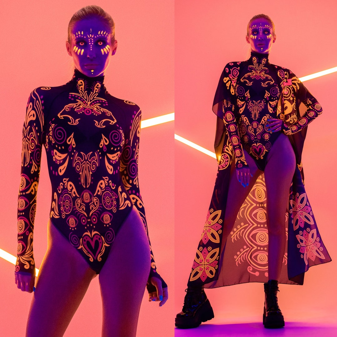 2COLOR UV REACTIVE Mesh Bodysuit, Festival Bodysuit, Rave Bodysuit, Printed Bodysuit, Neon ...