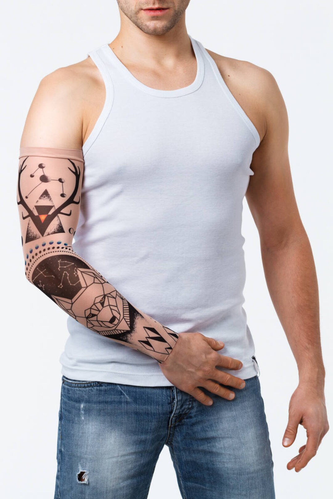 Unisex HORNS & WOLF Mesh Tattoo Sleeve, Fake Tattoo, Temporary Tattoo ...