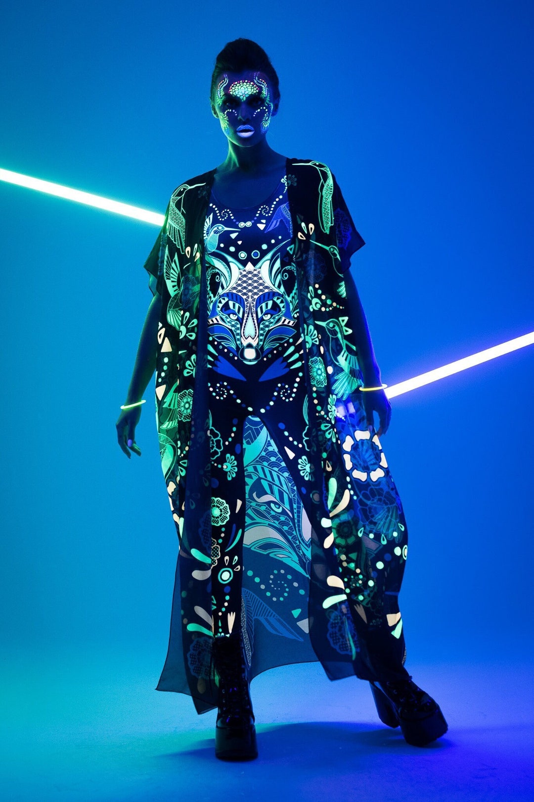WOLF & HUMMONGBIRDS UV Reactive Jumpsuit, Neon Outfit, Rave Onsie ...