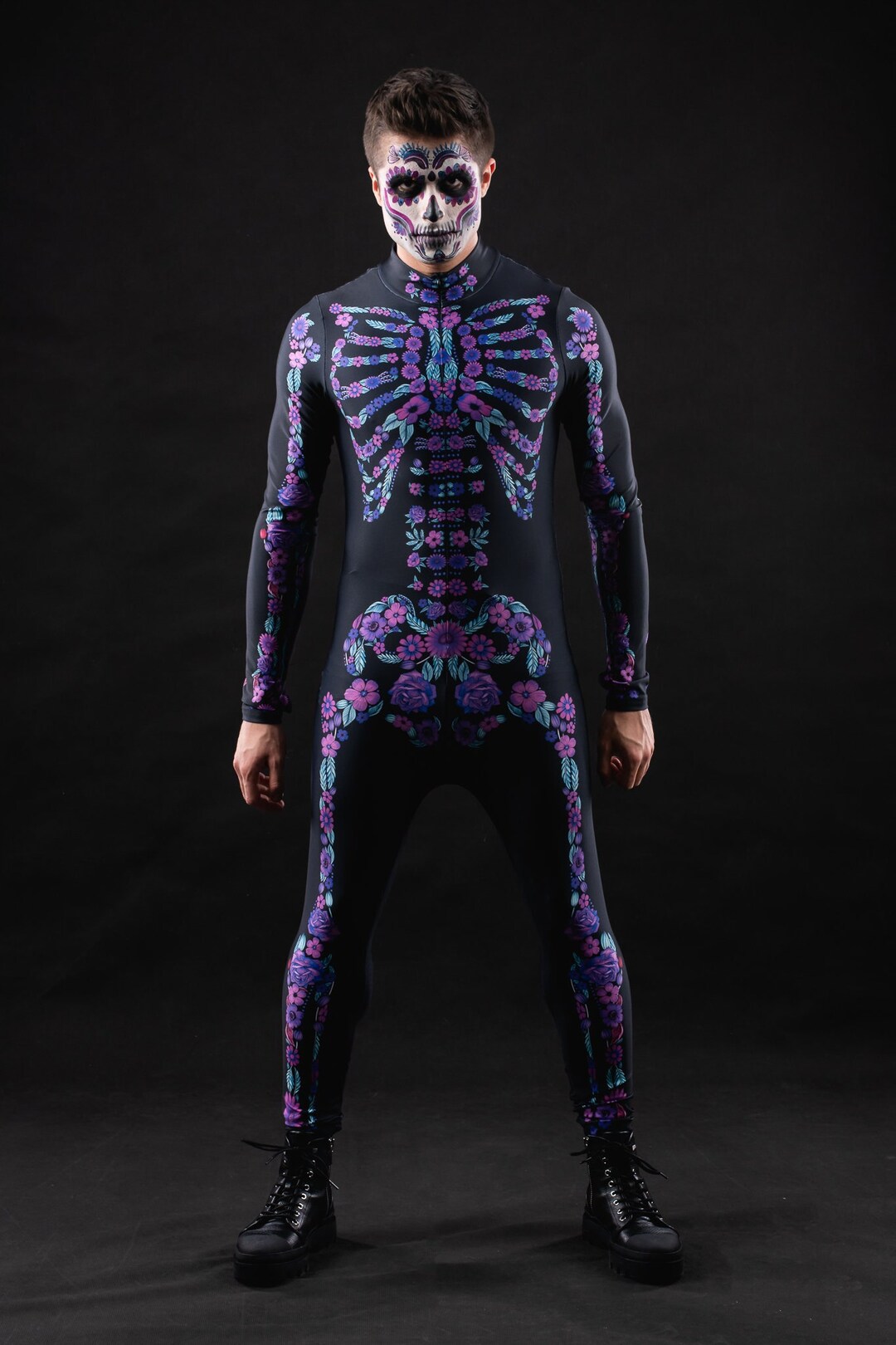 PURPLE FLOWERS SKELETON Costume for Men, Adult Halloween Costume, Blue ...