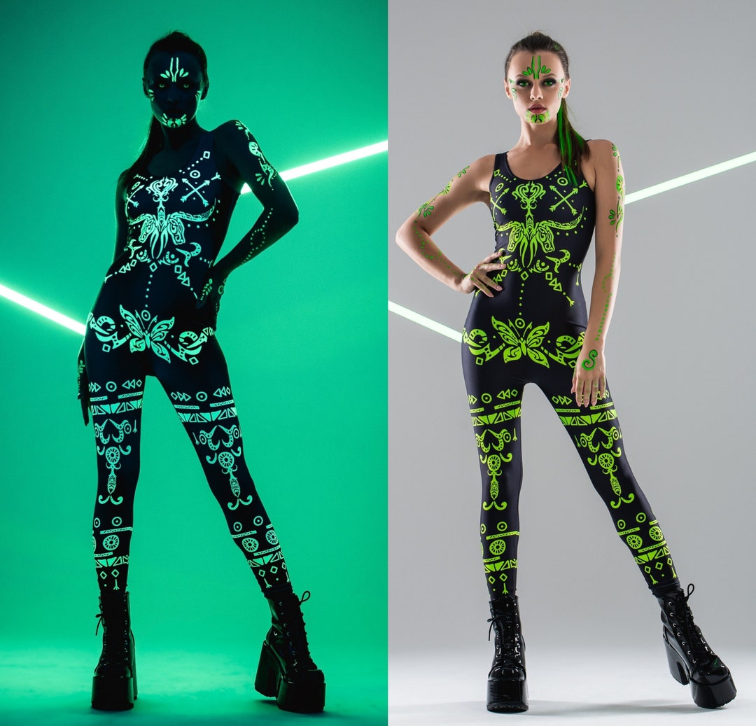 GREEN TRIBAL FLUORESCENT Catsuit, Neon Green Bodysuit, Rave Onsie ...