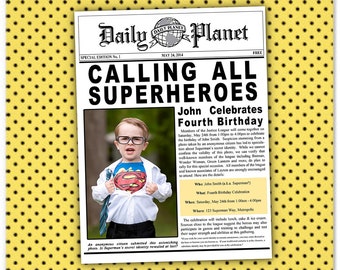 Superhero newspaper invitation | Etsy