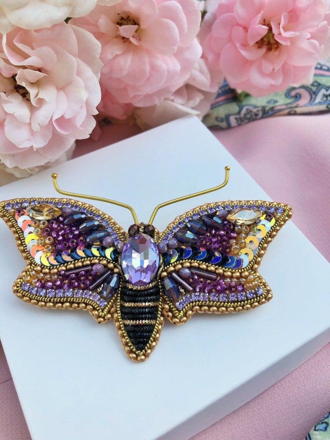 Insect Bead Brooch, Embroidered Butterfly Brooch, Dress Pin Insect ...