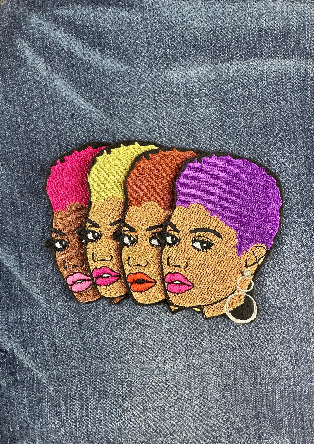 Black Woman Short Afro Embroidery Patch. 3D Black Woman Patch. Red, Purple, Gold Hair Color 3D ...