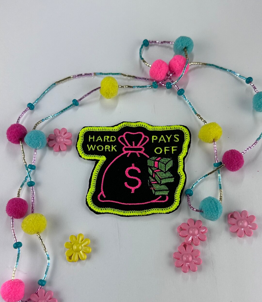 Money Bag Hard Work Pays off Handmade Embroidery. Blue and Yellow Money ...