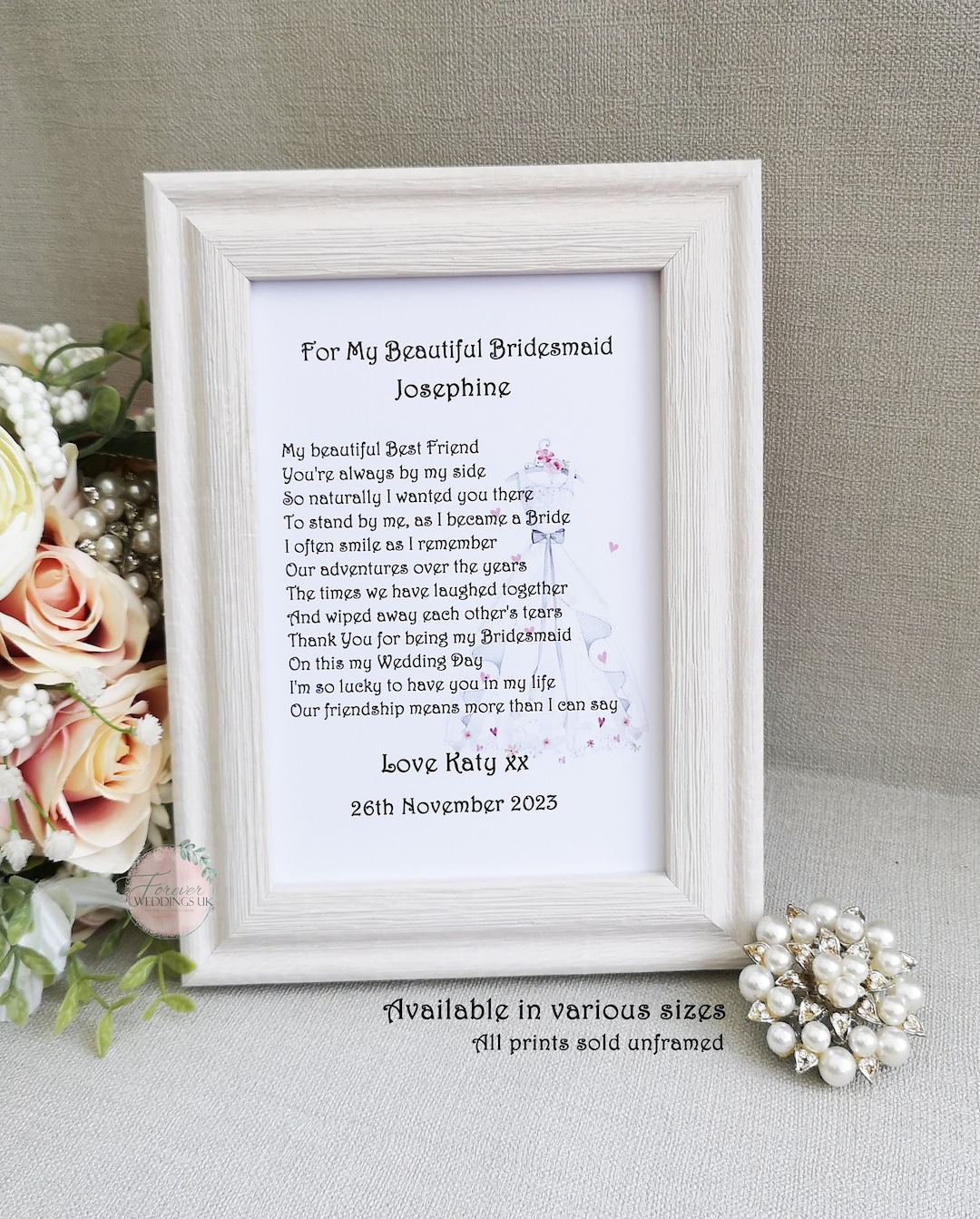 Personalised Bridesmaid Gift, Wedding Poem Print, Bridesmaid Thank You ...