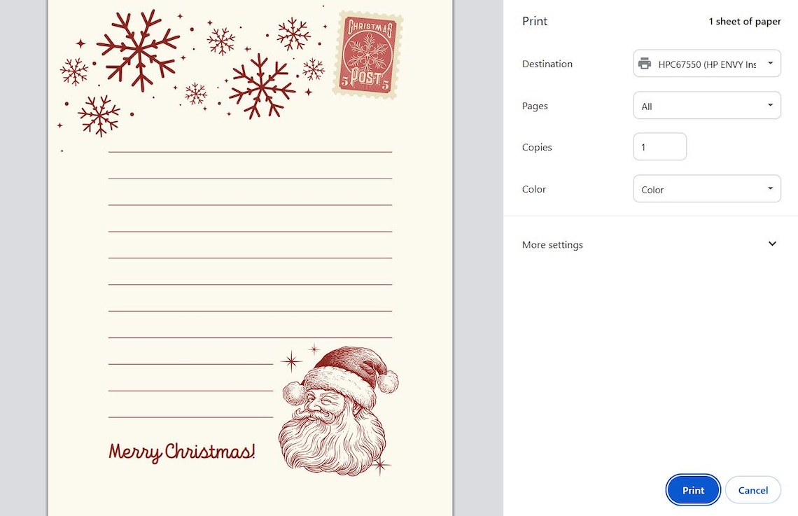Santa Stationary Printable Letter to or From Santa Downloadable Digital ...