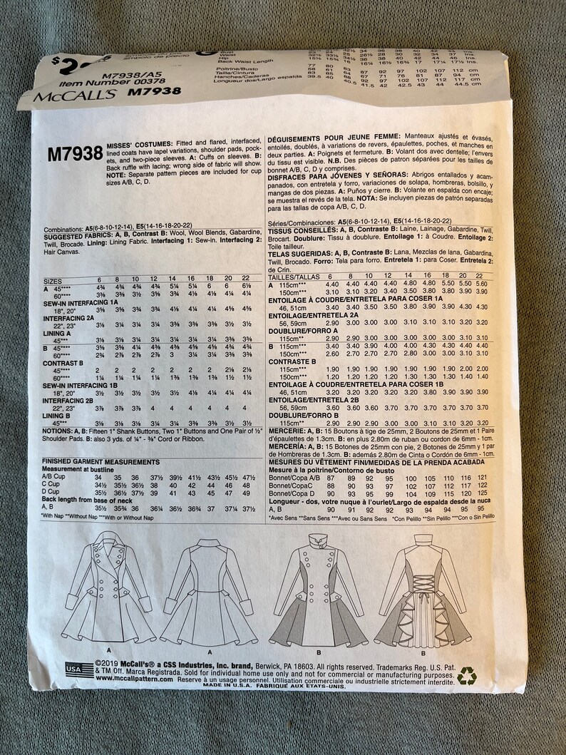 Yaya Han Costume Fitted Coat Sewing Pattern Mccalls M7938 Sizes 6 8 10 ...