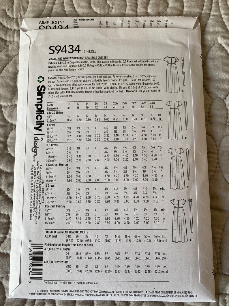 Simplicity 9434 Regency Era Style Dress Sewing Pattern Sz 10 - 18 ...